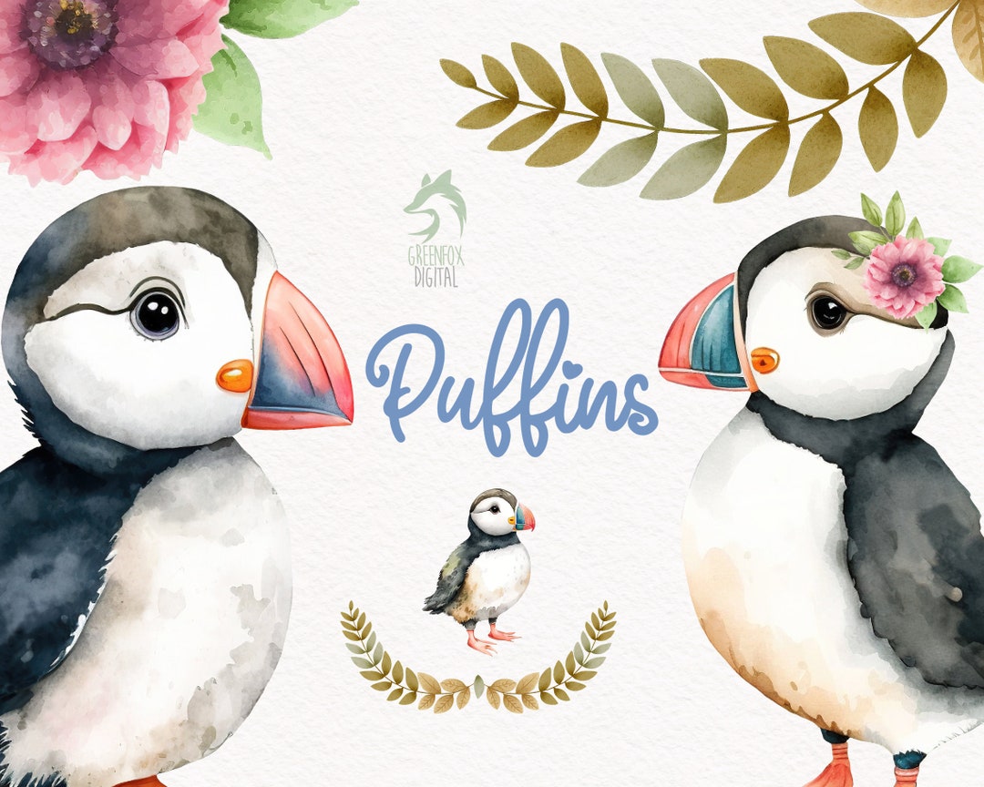Puffin Watercolor Clipart, Cute Baby Shower Graphics, Bird Nursery ...