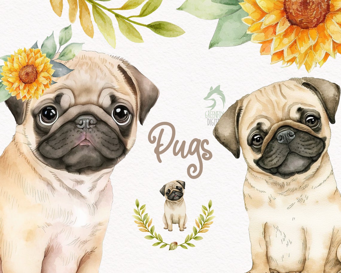 Pug Watercolor Clipart Cute Dog Nursery Decor Wall Art - Etsy UK