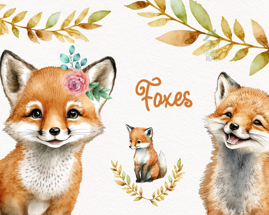Fox Watercolor Clipart, Cute Baby Shower Graphics, Nursery Decor Wall ...