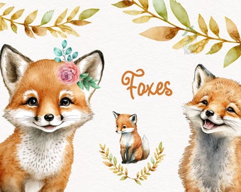 Fox Watercolor Clipart Cute Baby Shower Graphics Nursery - Etsy