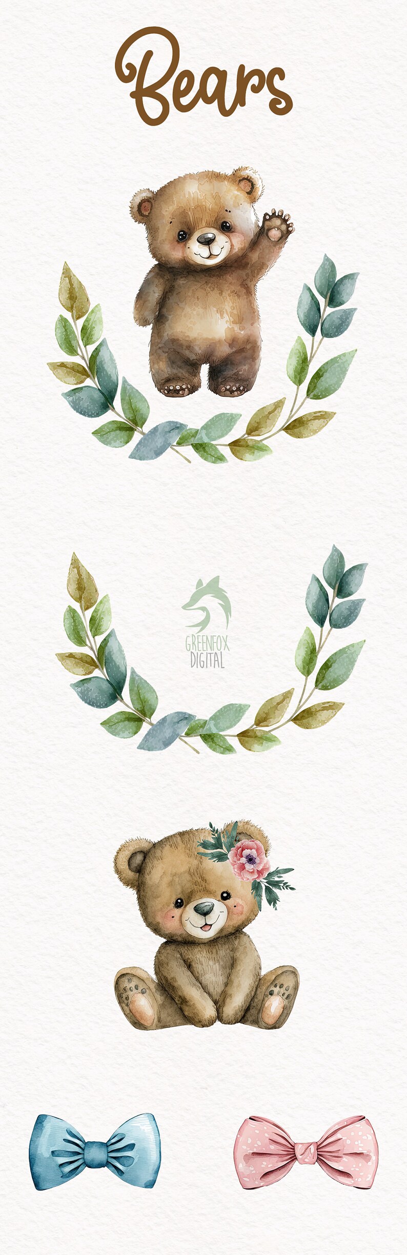 Brown Bear Watercolor Clipart Cute Baby Shower Graphics - Etsy