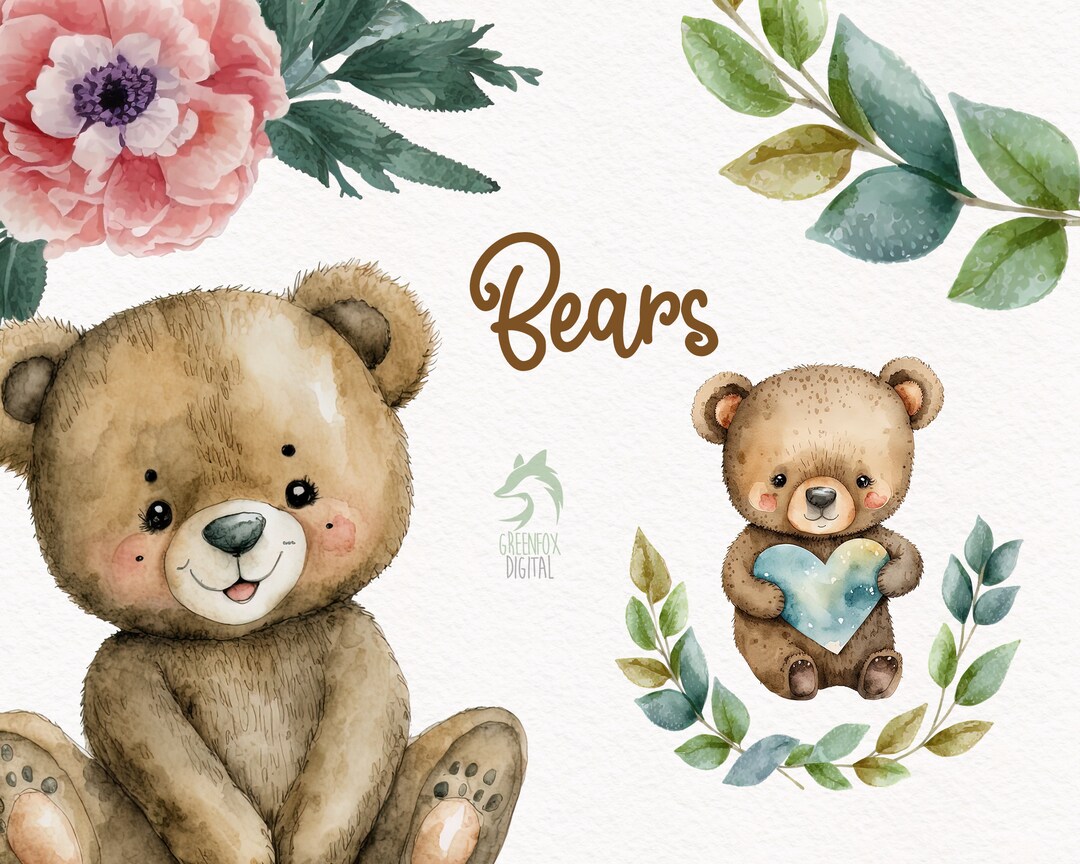Brown Bear Watercolor Clipart, Cute Baby Shower Graphics, Nursery Decor ...