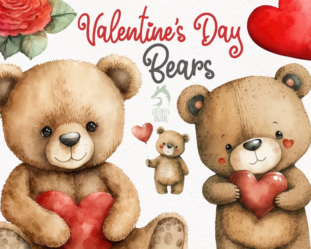 Valentines Day Teddy Bear Watercolor Clipart, Cute Love Heart Baby ...