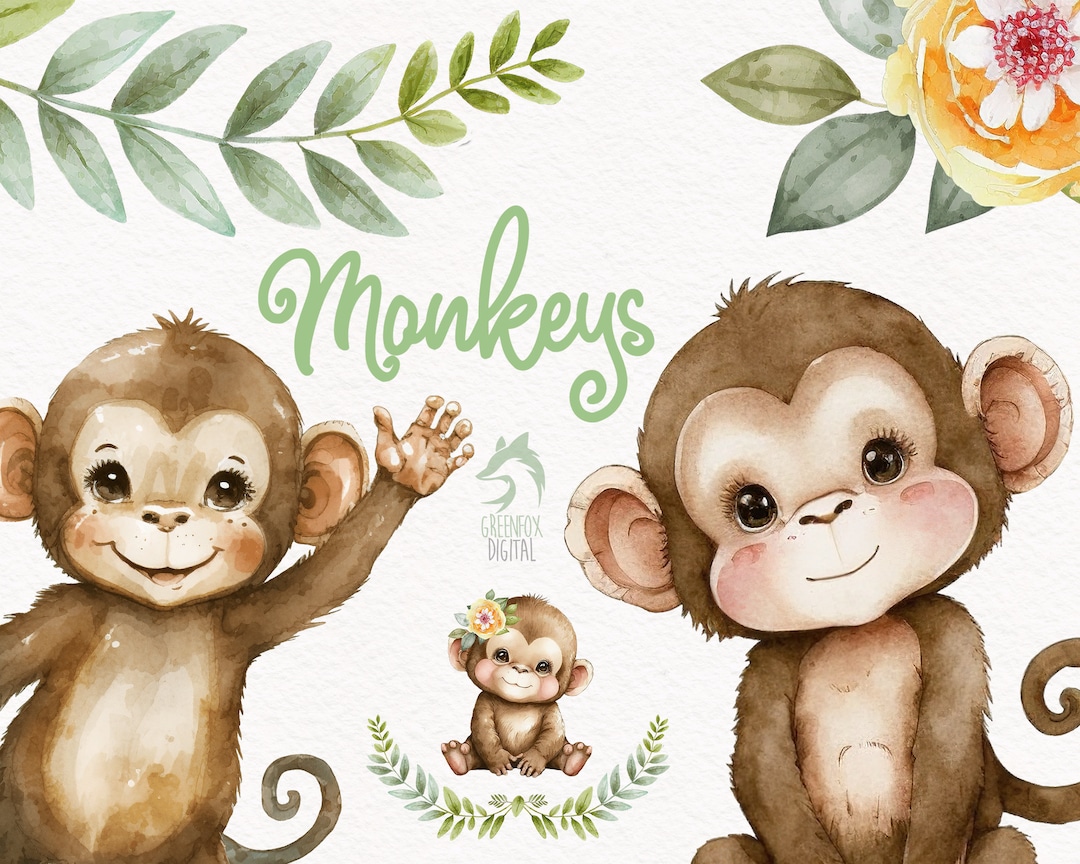 Monkey Watercolor Clipart, Cute Baby Shower Graphics, Nursery Decor ...