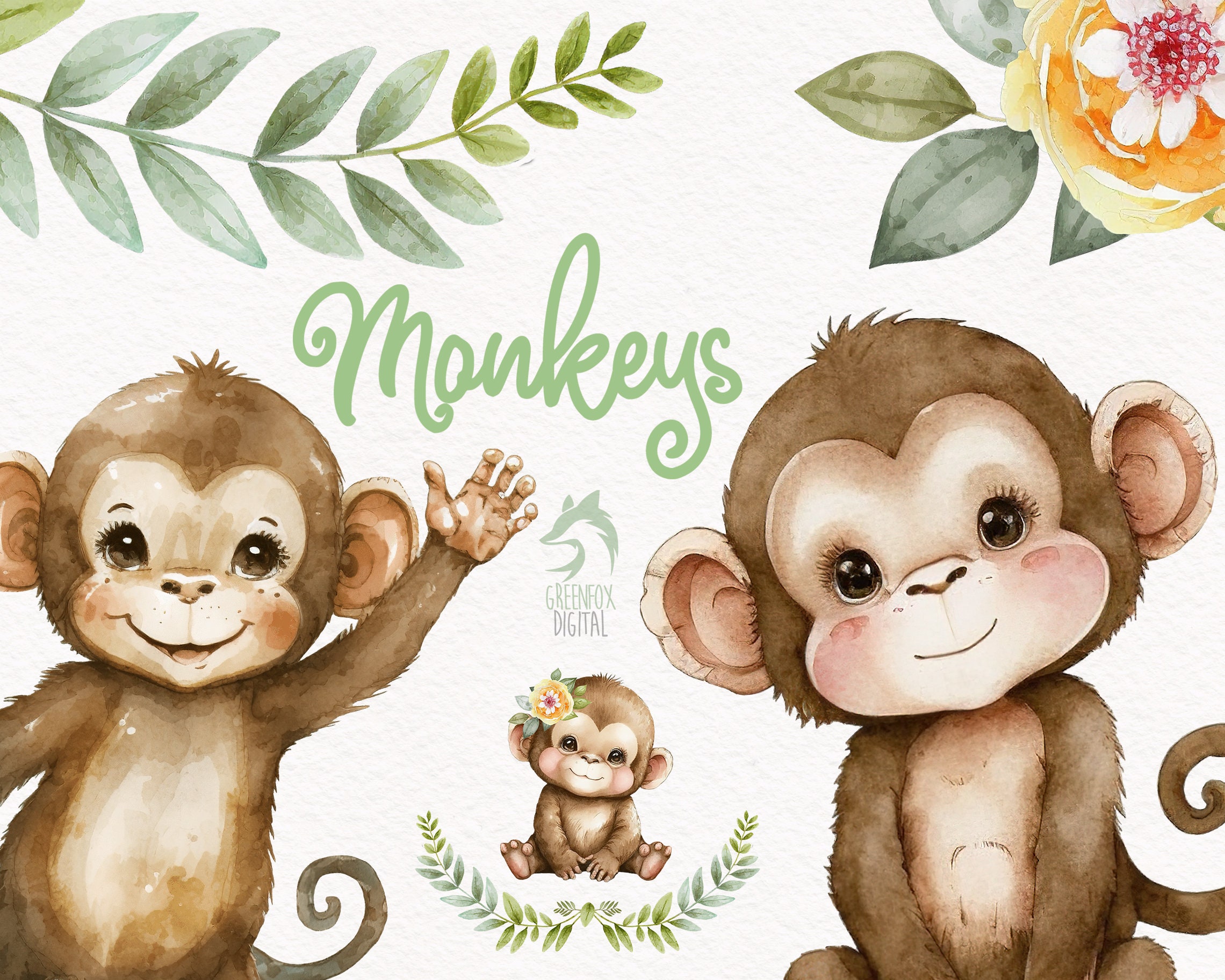 Monkey Watercolor Clipart Cute Baby Shower Graphics Nursery - Etsy UK