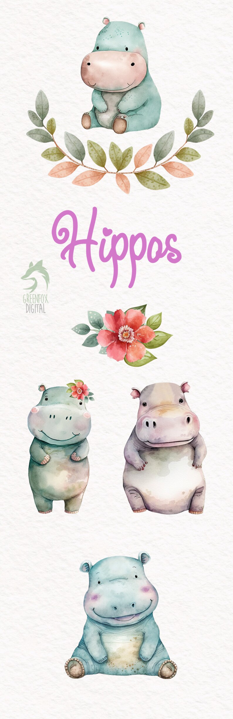 Hippo Watercolor Clipart Cute Baby Shower Graphics - Etsy
