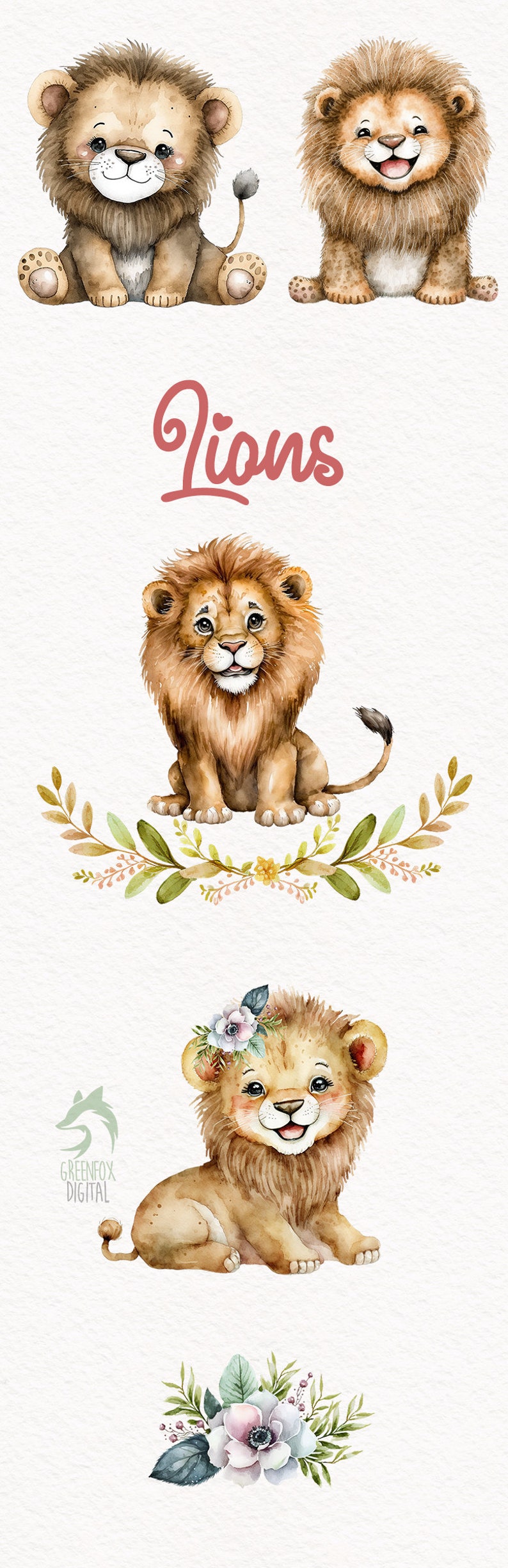 Lion Watercolor Clipart Cute Baby Shower Graphics Big Cat - Etsy