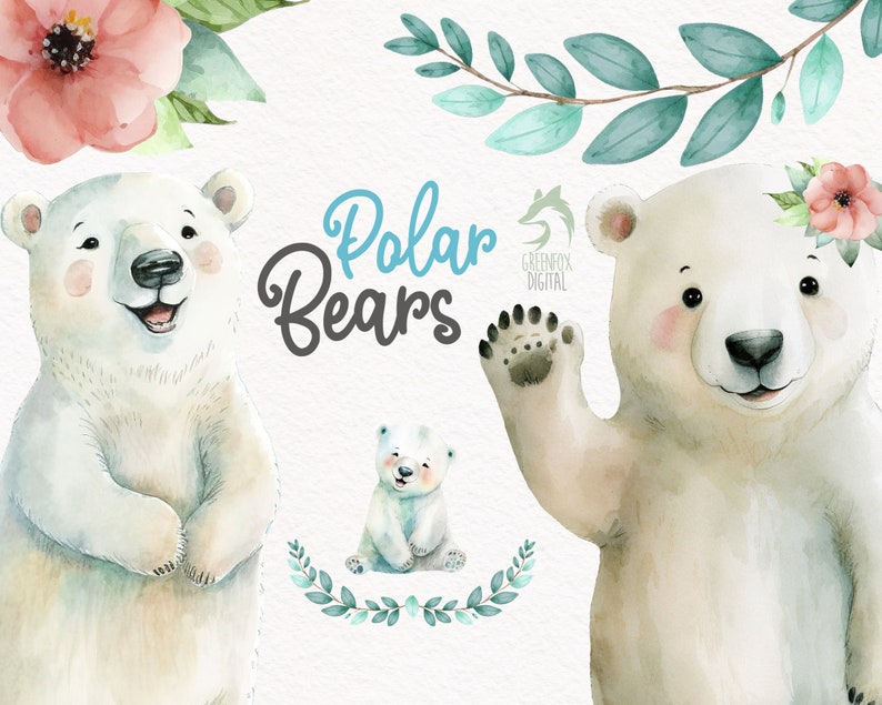 Polar Bear Watercolor Clipart Cute Baby Shower Graphics - Etsy
