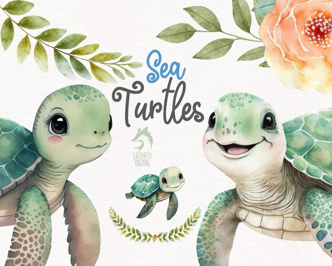 Sea Turtle Watercolor Clipart, Cute Baby Shower Graphics, Nursery Decor ...