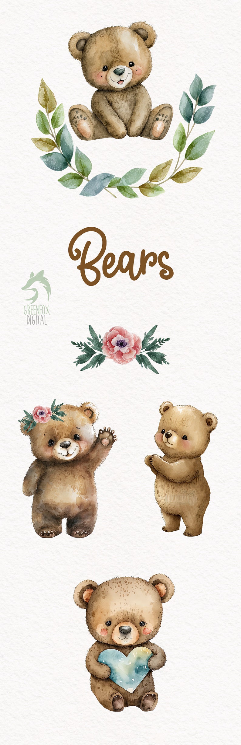 Brown Bear Watercolor Clipart Cute Baby Shower Graphics - Etsy