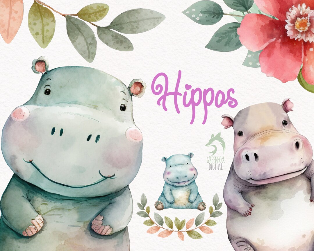 Hippo Watercolor Clipart, Cute Baby Shower Graphics, Hippopotamus ...
