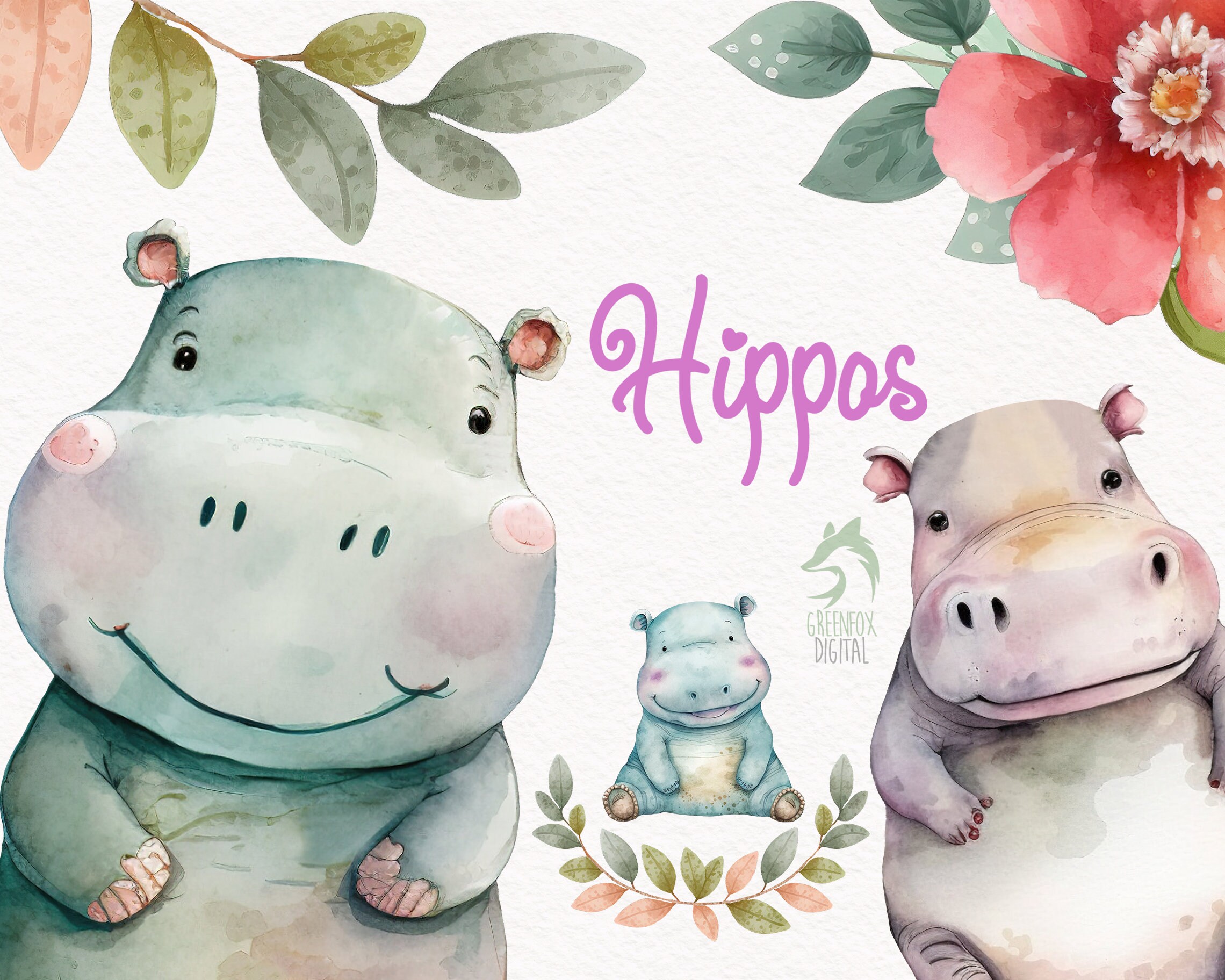 Hippo Watercolor Clipart Cute Baby Shower Graphics - Etsy Australia