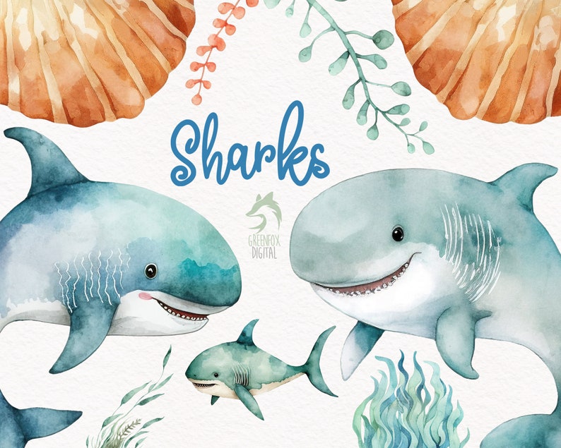 Shark Watercolor Clipart Cute Baby Shower Graphics Nursery - Etsy