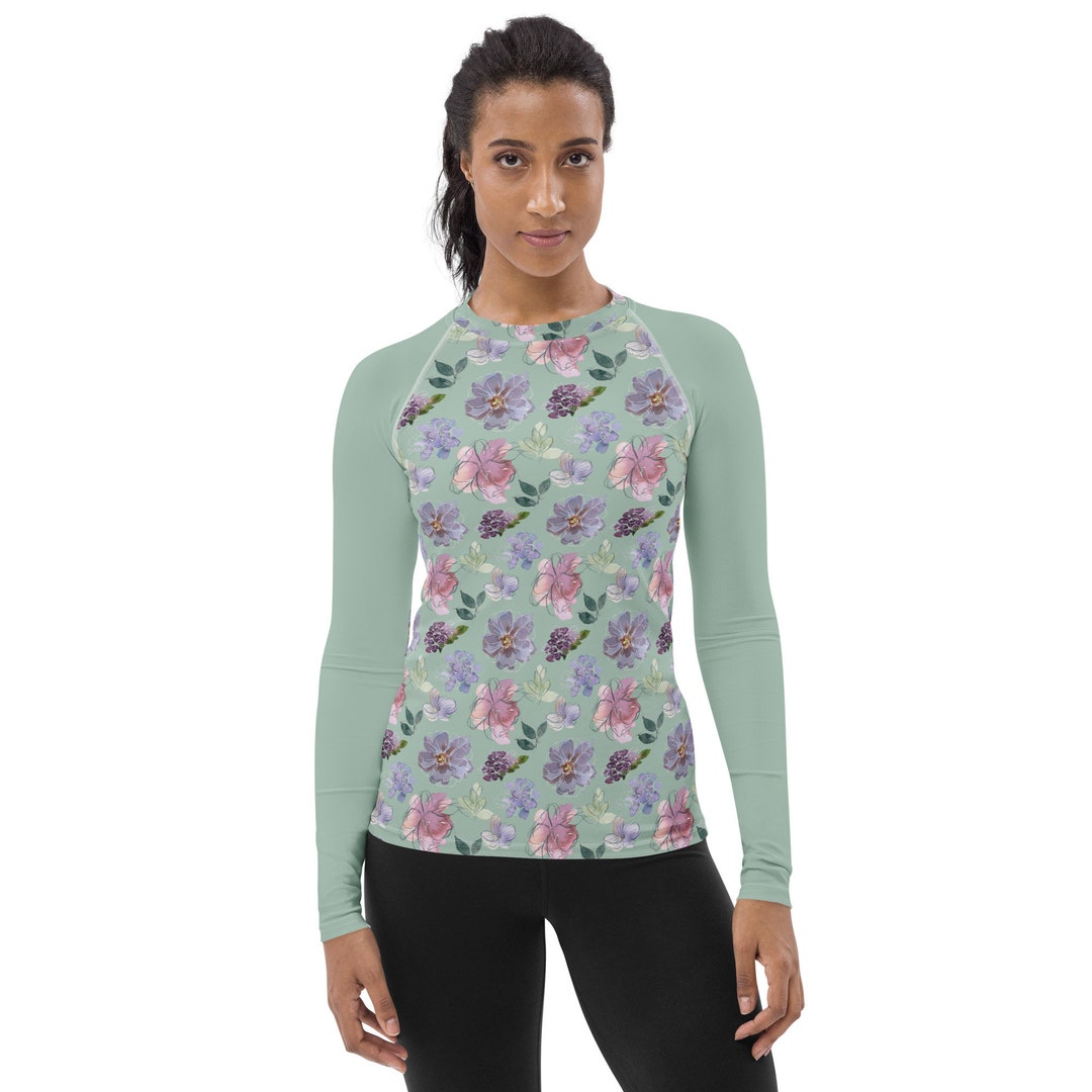Long Sleeve Women's Green Floral Rash Guard, Slim Fit, Smooth and ...
