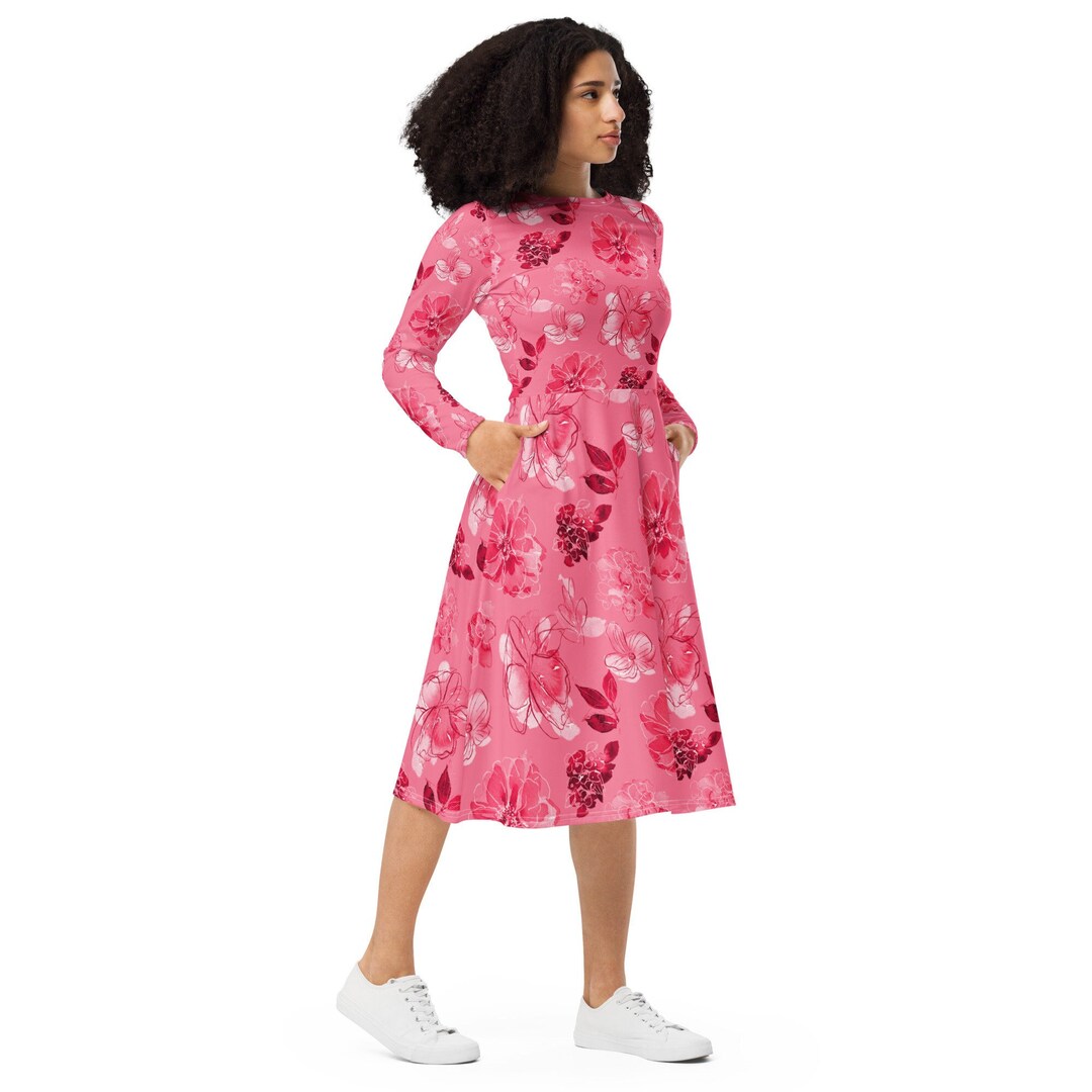 Long Sleeve Midi Dress, "soft Fabric Flattering Pink Floral Dress With ...