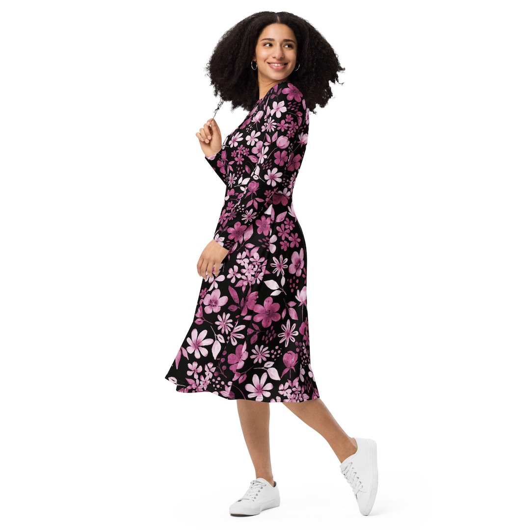 Long Sleeve Midi Dress, "soft Fabric Flattering Floral Dress With ...