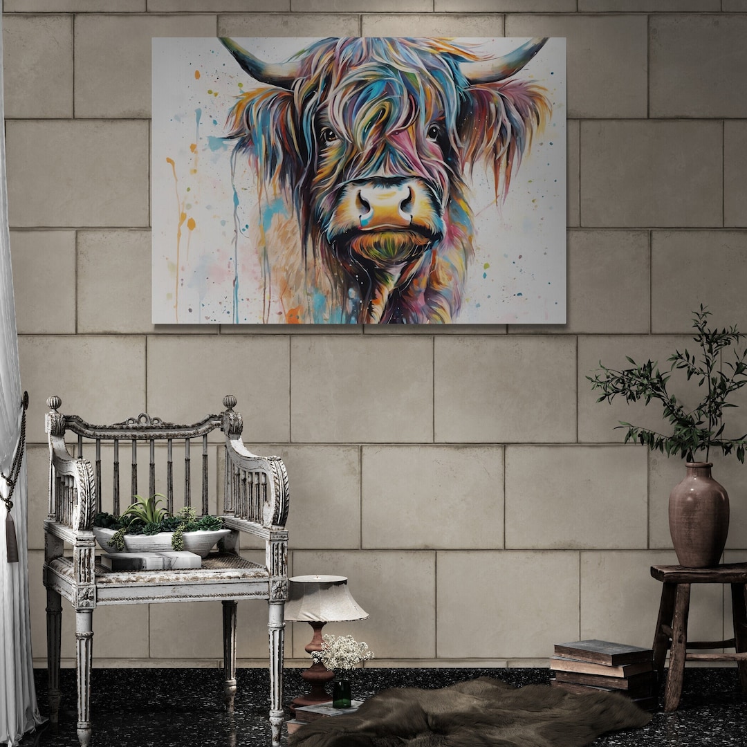 Highland Cow Canvas Art Print - Colourful Scottish Cow Wall Art ...
