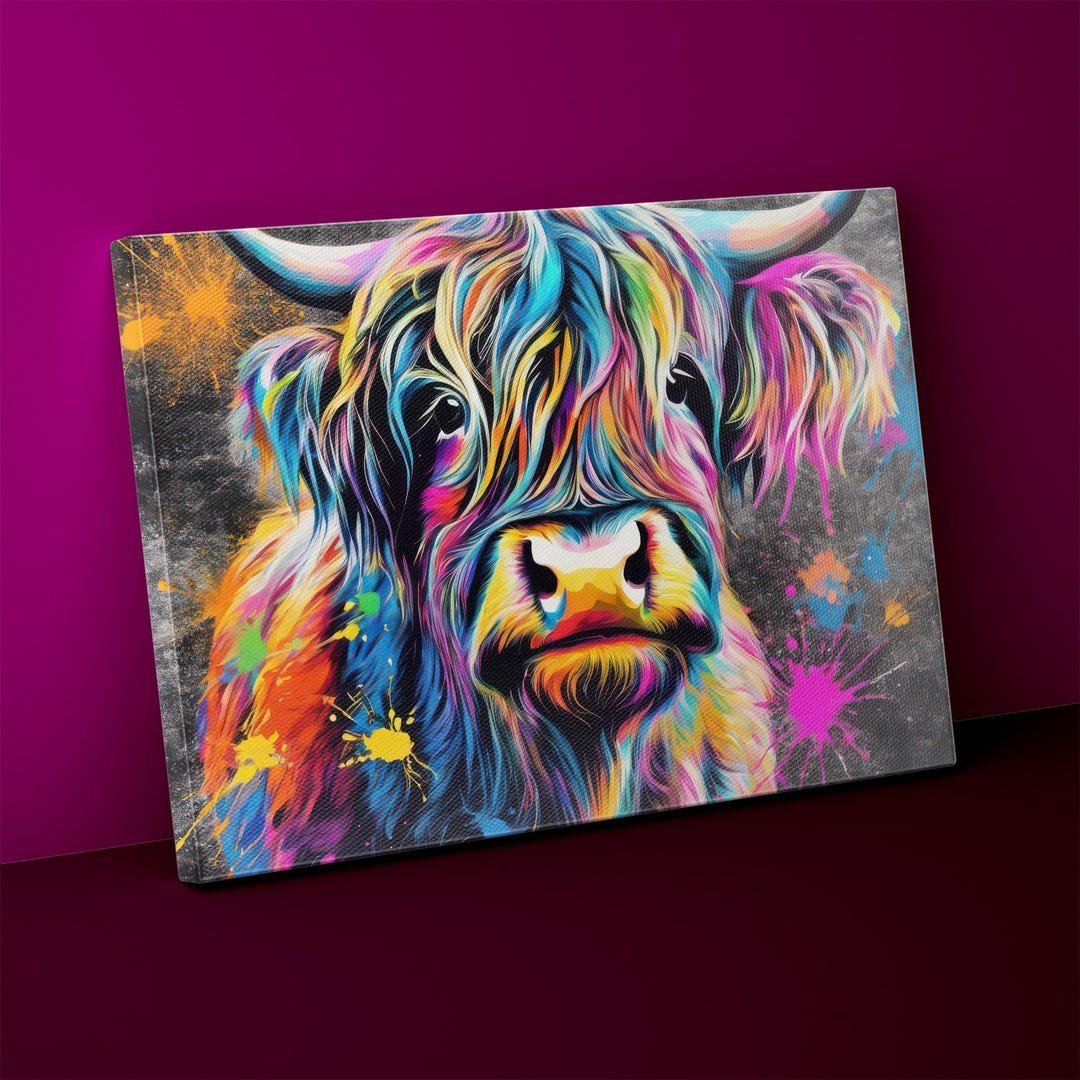 Black Background Highland Cow Canvas Print Colourful Scottish Coo Wall ...