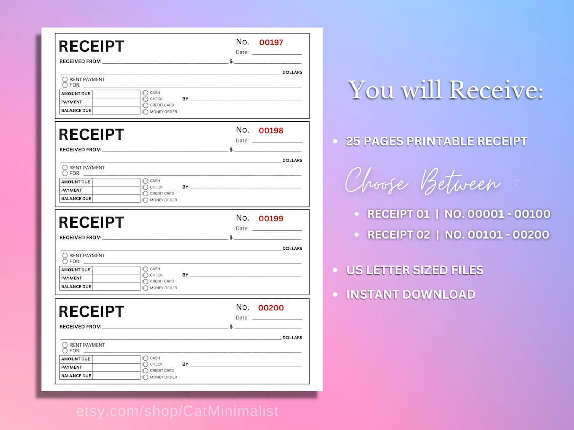 Printable Rent/cash Payment Receipt Template - Digital Download. Rent ...