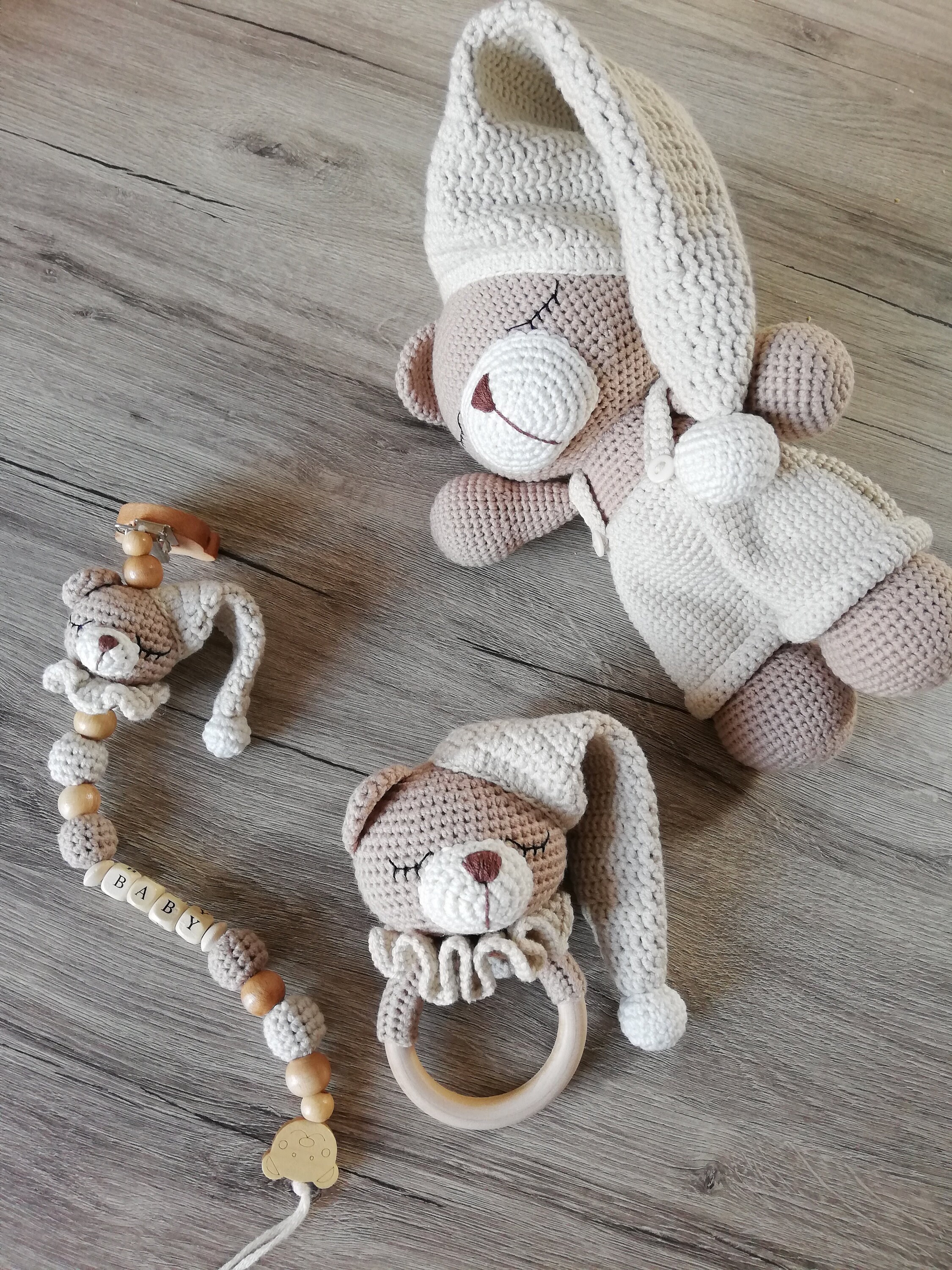 Amigurumi Teddy Bear Set, Customizable Pacifier Chain, Handmade Teddy Bear Toy, Newborn Baby Set ...