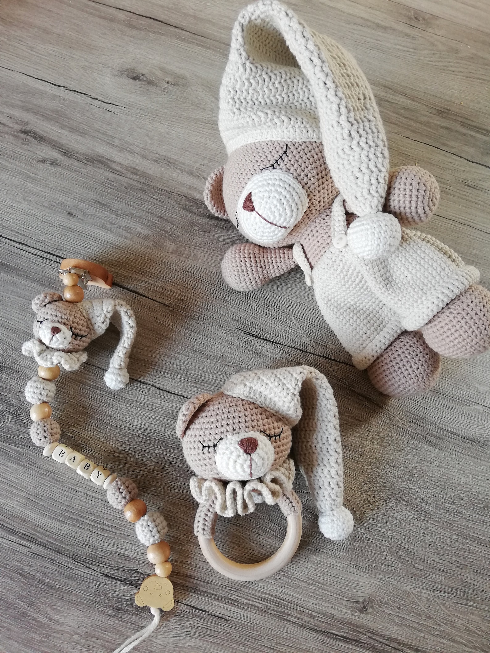Amigurumi Teddy Bear Set, Customizable Pacifier Chain, Handmade Teddy ...