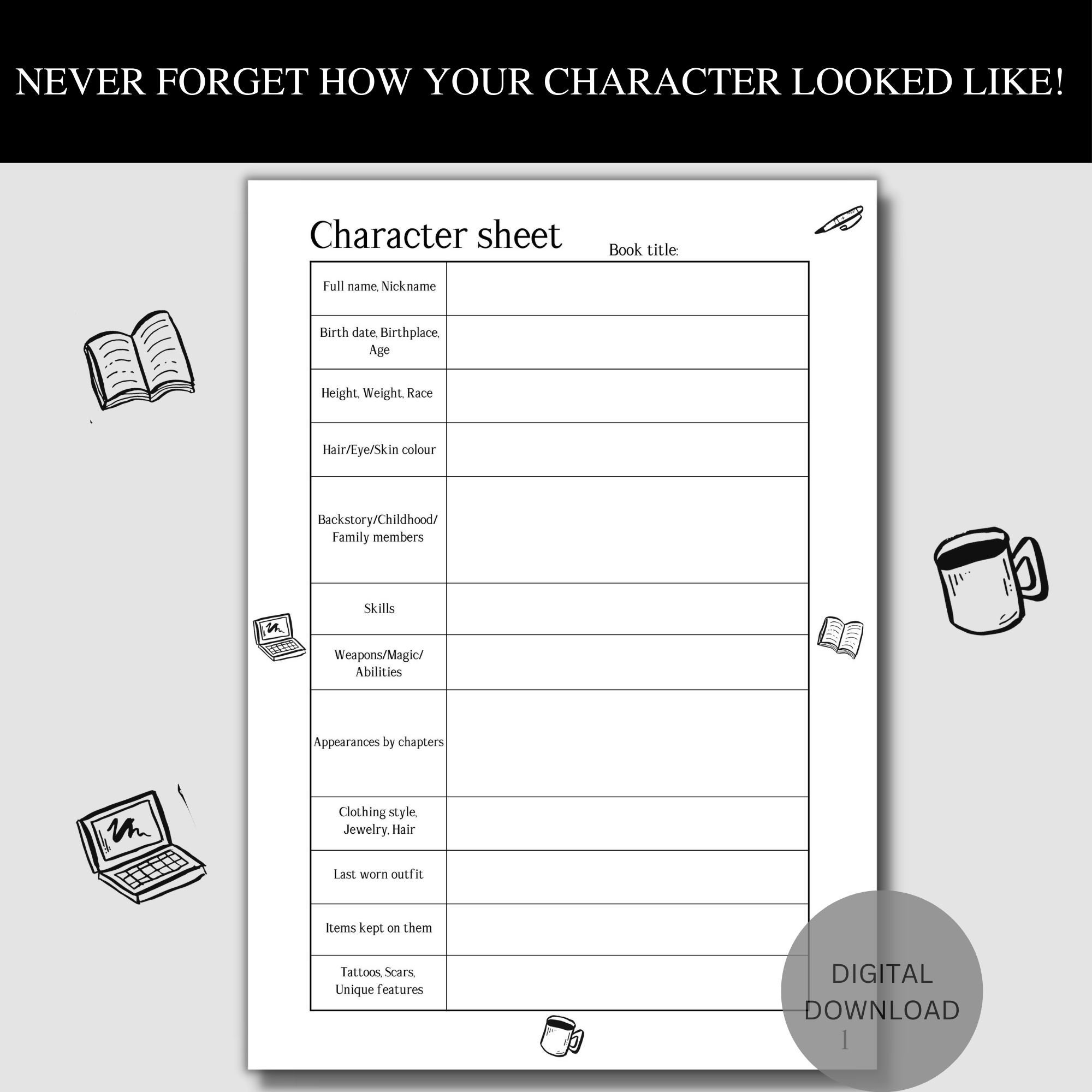 Digital Printable Character Sheet For Writers Authors Planner Description Tracker Builder 