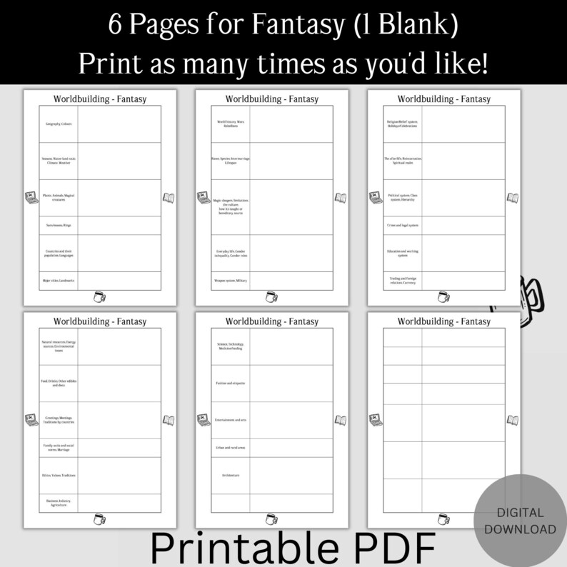 Digital Printable Worldbuilding Workbook Sheets Writers Authors Book ...