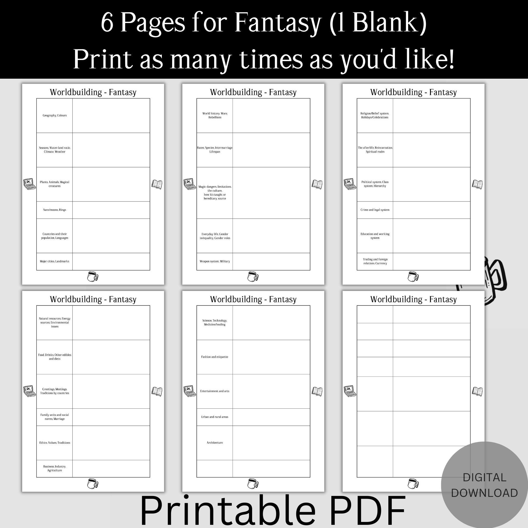 Digital Printable Worldbuilding Workbook Sheets Writers Authors Book