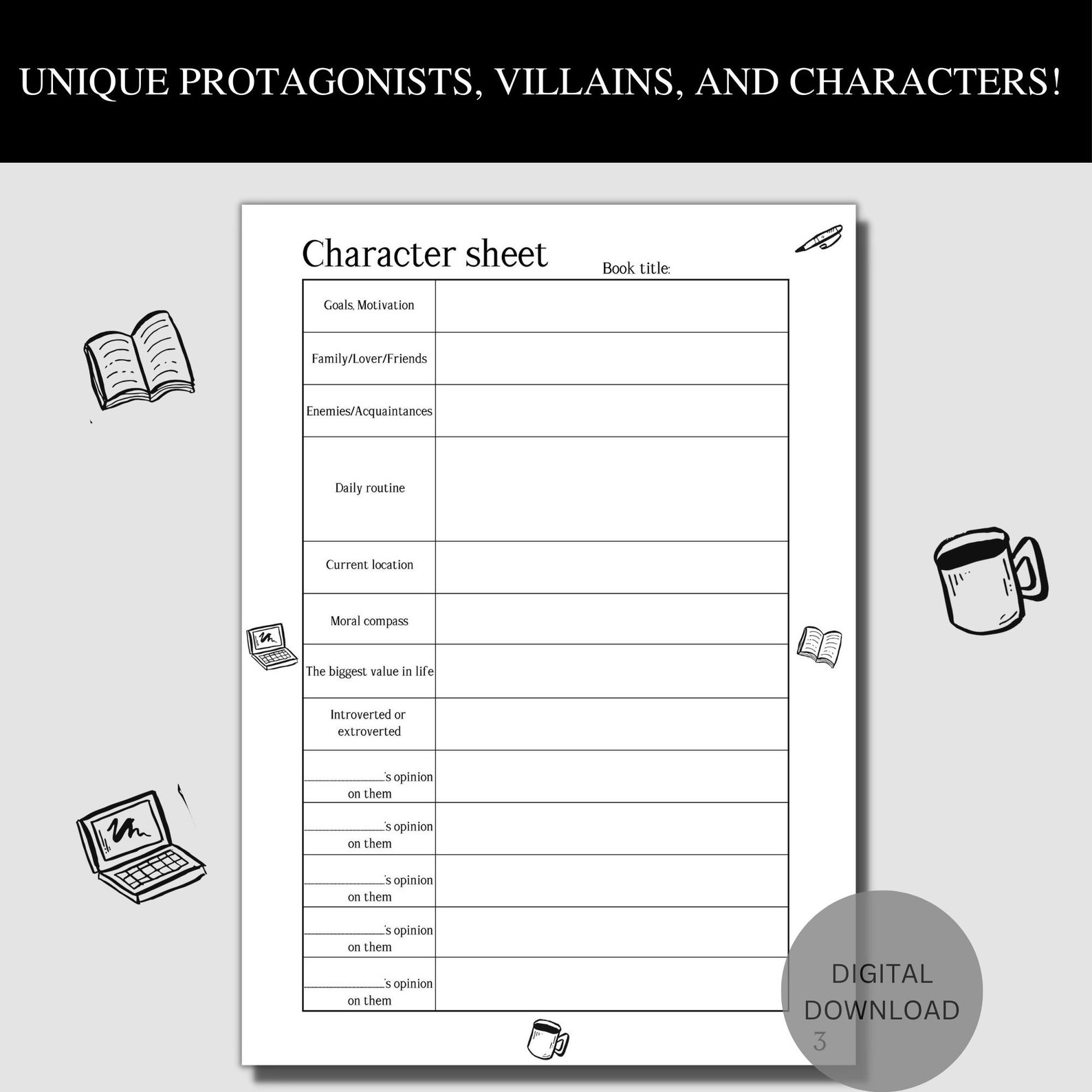 Digital Printable Character Sheet For Writers Authors Planner Description Tracker Builder