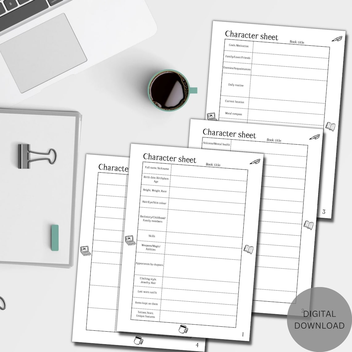 Digital Printable Character Sheet for Writers Authors Planner ...