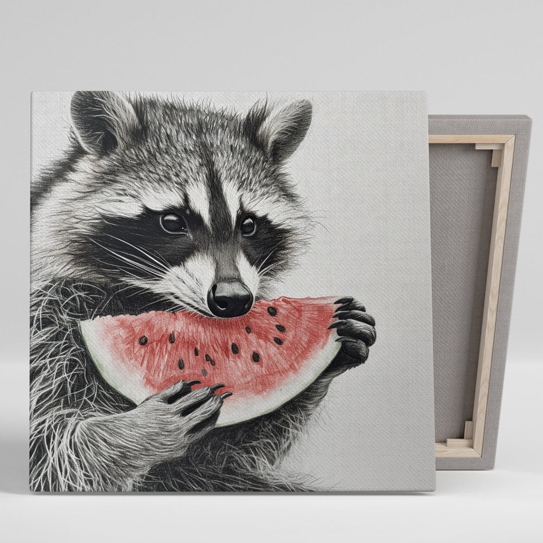 Raccoon Watermelon Bandit Art, Canvas or Poster, Whimsical Animal ...
