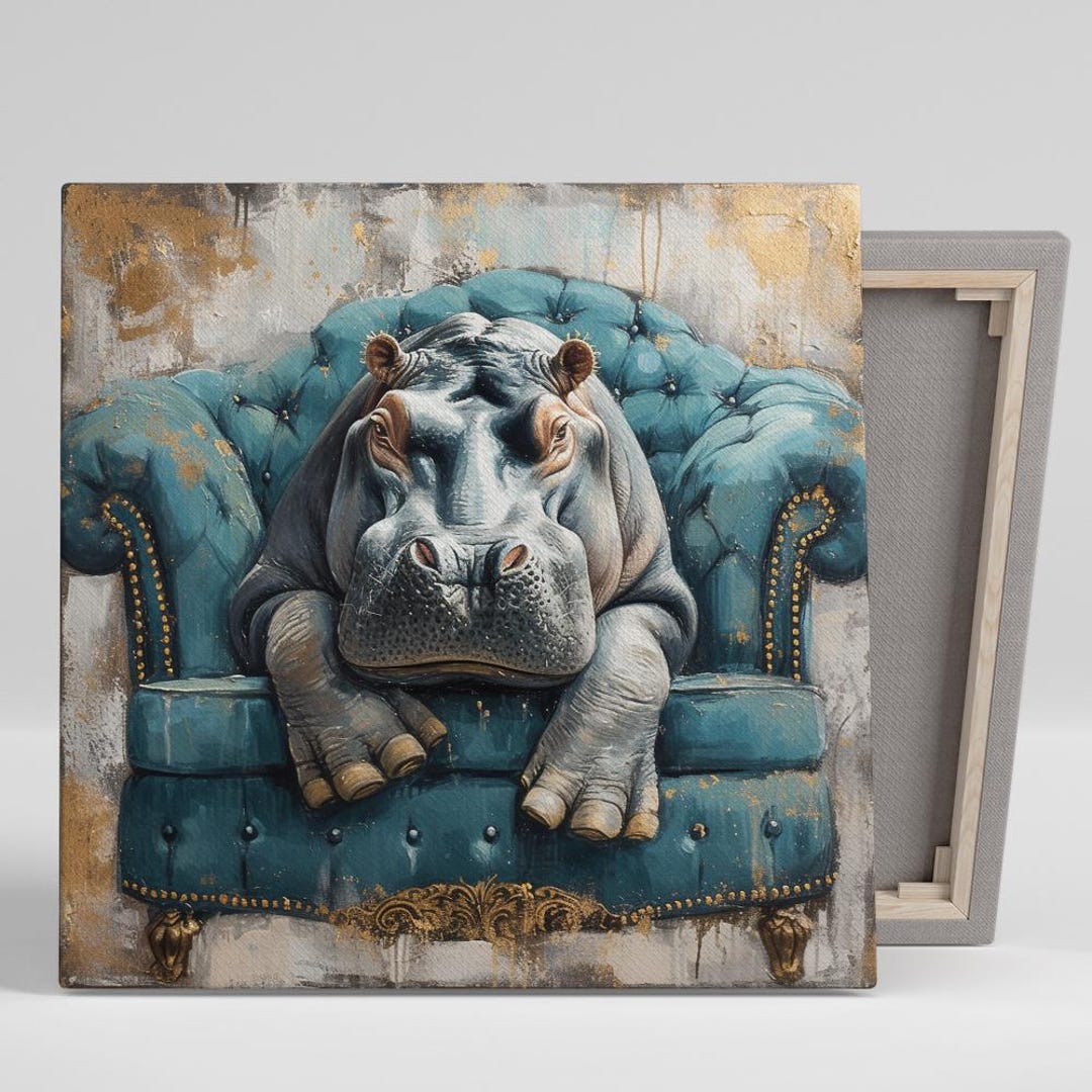 Regal Hippo Relaxation Art, Canvas or Poster, Whimsical Contemporary ...