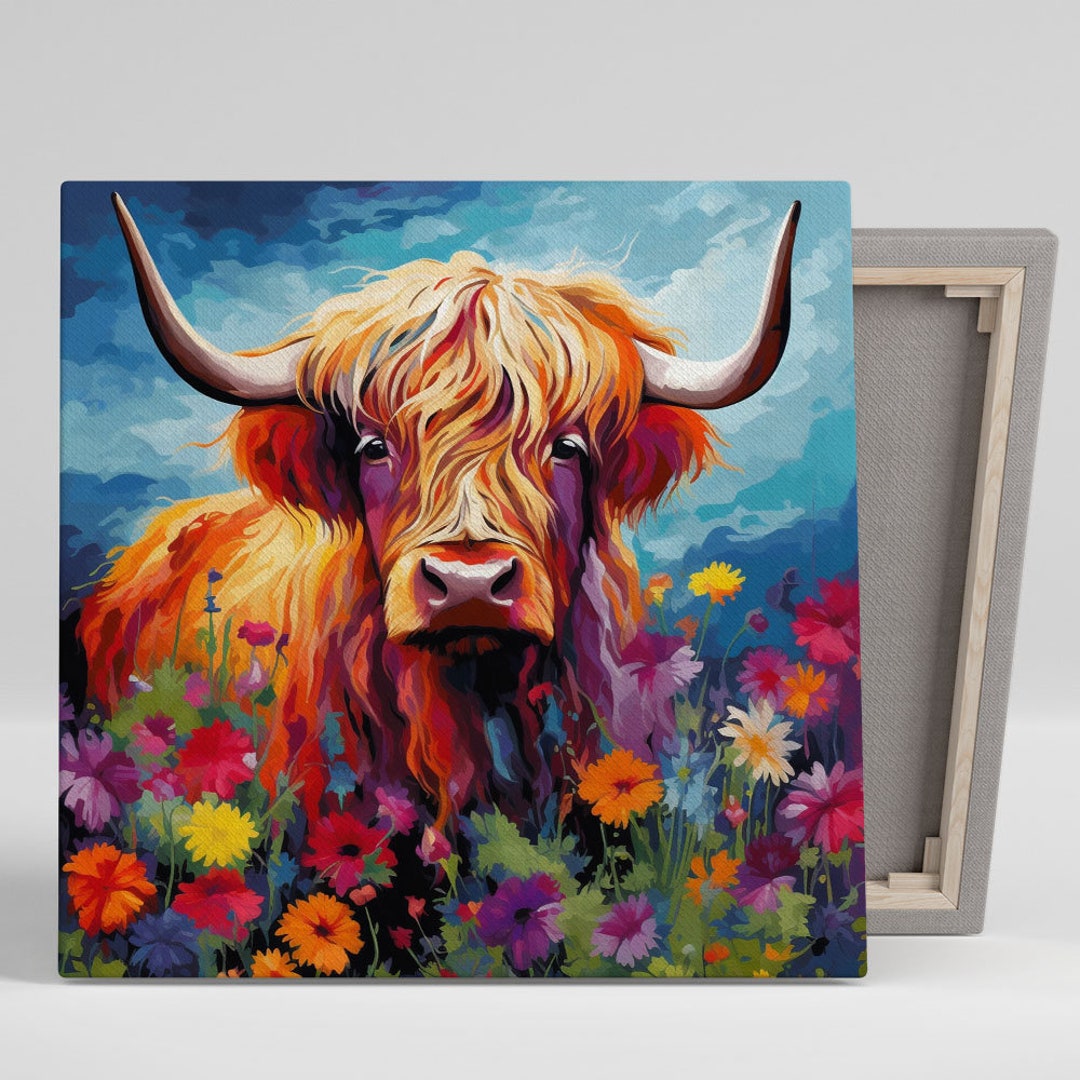 Highland Cow With Flower Wall Decor, Canvas or Poster, Highland Cow ...