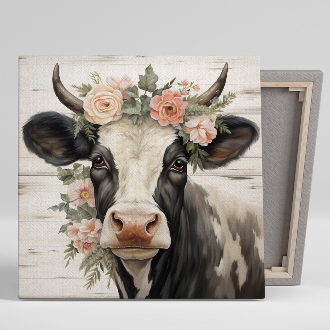 Floral Cow Art, Canvas or Poster, Whimsical Rustic Farmhouse Decor ...