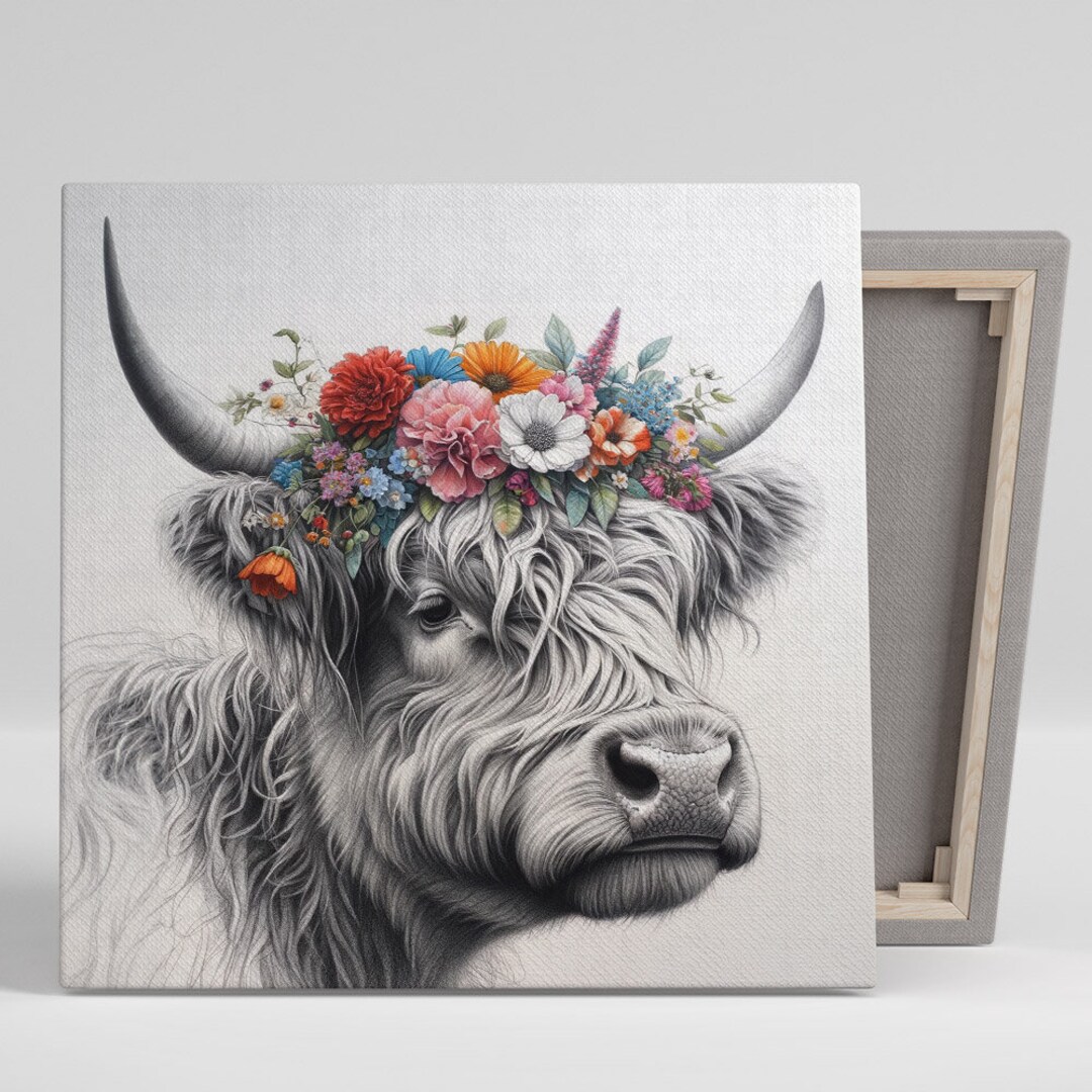 Floral Highland Cow, Canvas or Poster, Home Decor, Bathroom Decor, Farm ...