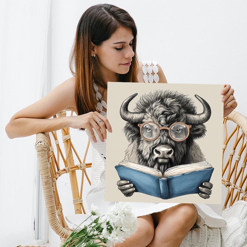 Intellectual Bison Art, Canvas or Poster, Whimsical Rustic Bohemian ...