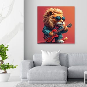 Rock 'n' Roll Lion Maestro Art, Canvas or Poster, Whimsical Animal Music Decor, Living Room Home ...