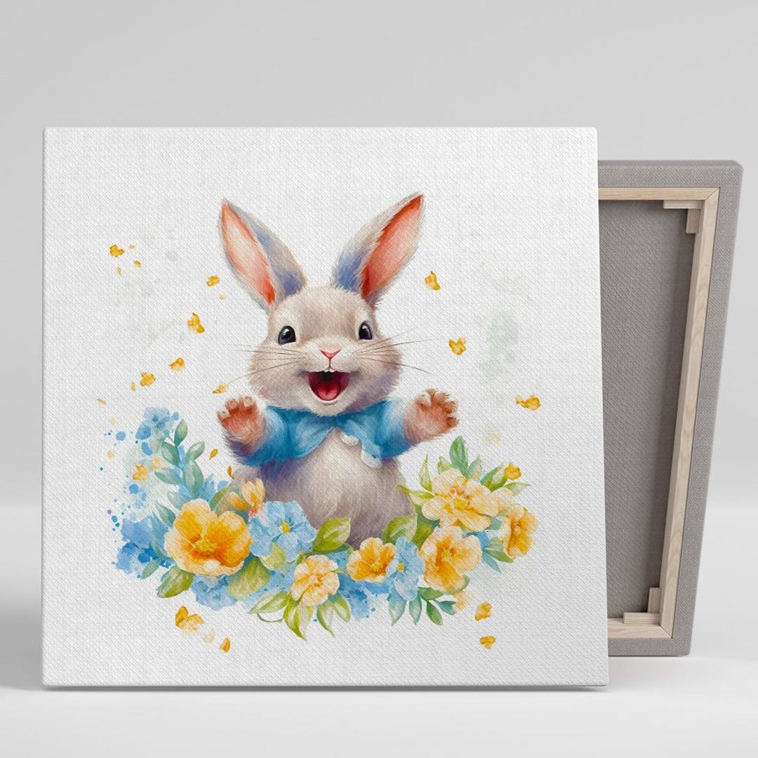 Joyful Spring Bunny Art, Canvas or Poster, Whimsical Animal Nature ...