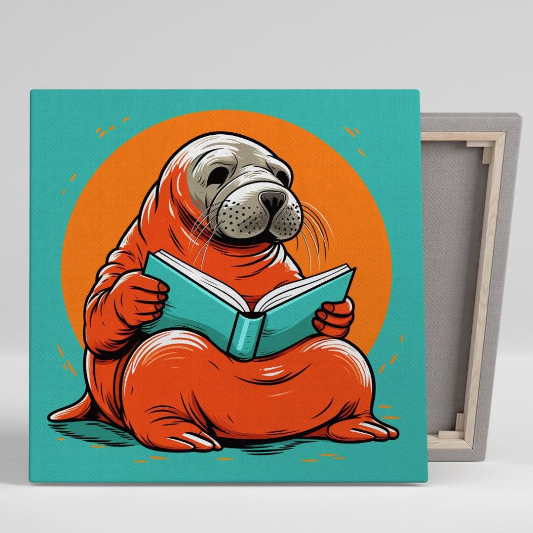 Bookworm Walrus Art, Canvas or Poster, Whimsical Animal Decor, Office ...