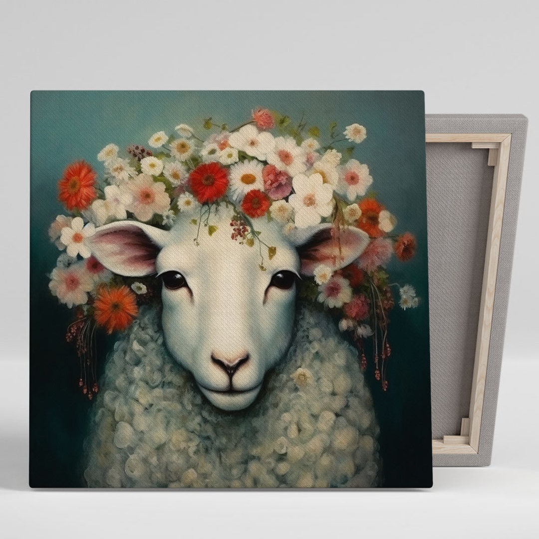 Floral Sheep Art, Canvas or Poster, Whimsical Design, Botanical Sheep ...
