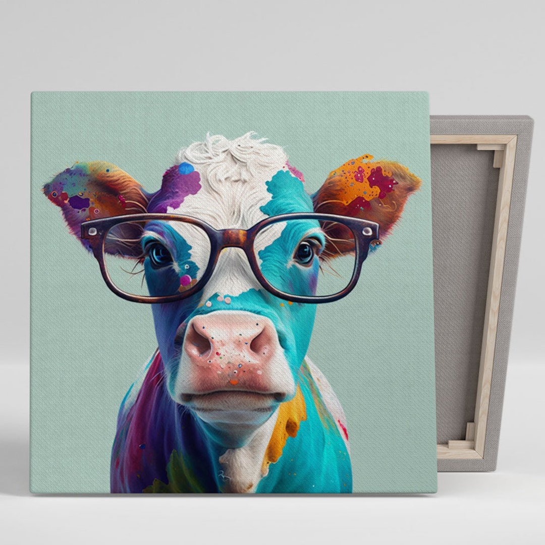 Cow With Glasses Wall Art, Canvas or Poster, Cow Wall Hanging, Animal ...