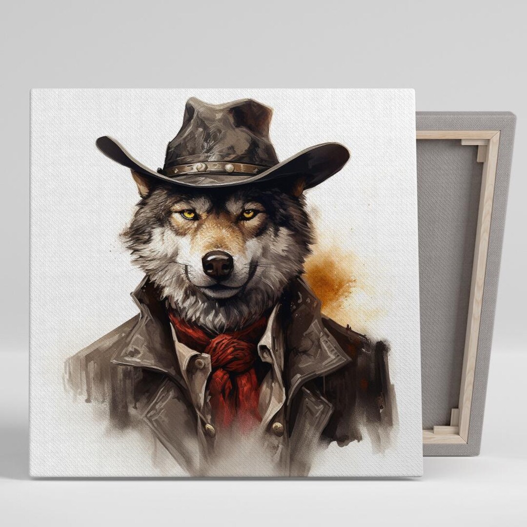 Dapper Wolf Cowboy Wall Art, Canvas or Poster, Animal Whimsical Rustic ...