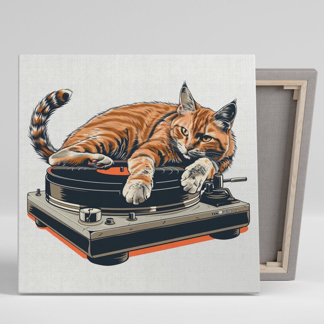Vinyl Feline Fusion Art, Canvas or Poster, Retro Animal Music Decor ...