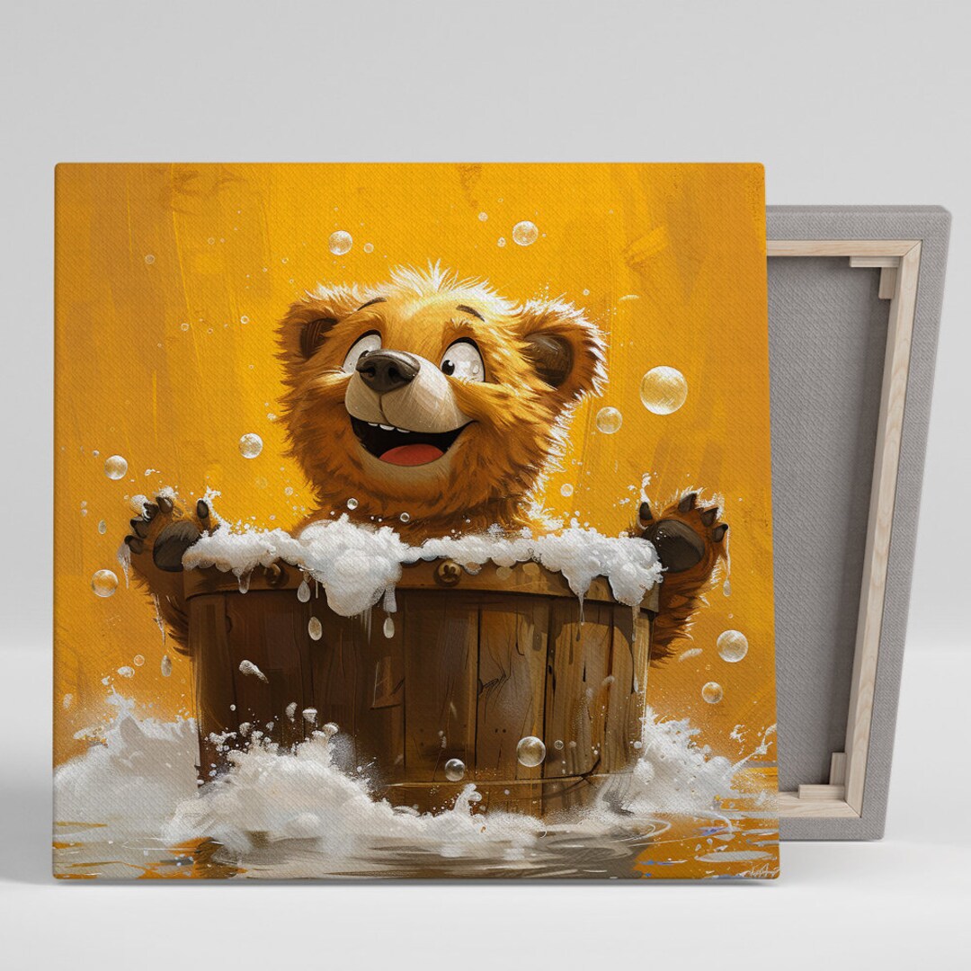 Bubbly Bear Bath Time Art, Canvas or Poster, Whimsical Rustic ...