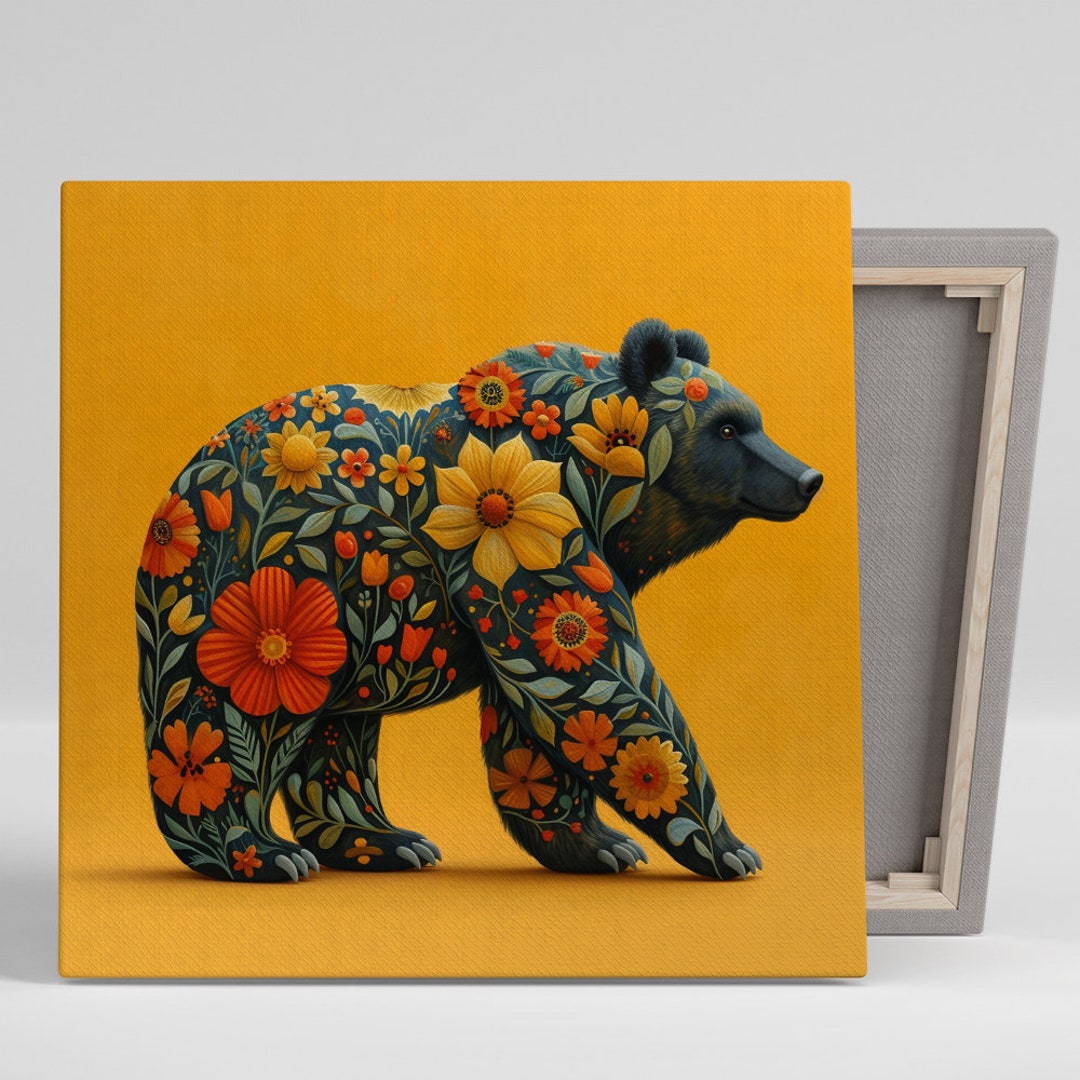 Floral Bear Fusion Art, Canvas or Poster, Bohemian Decor, Living Room ...