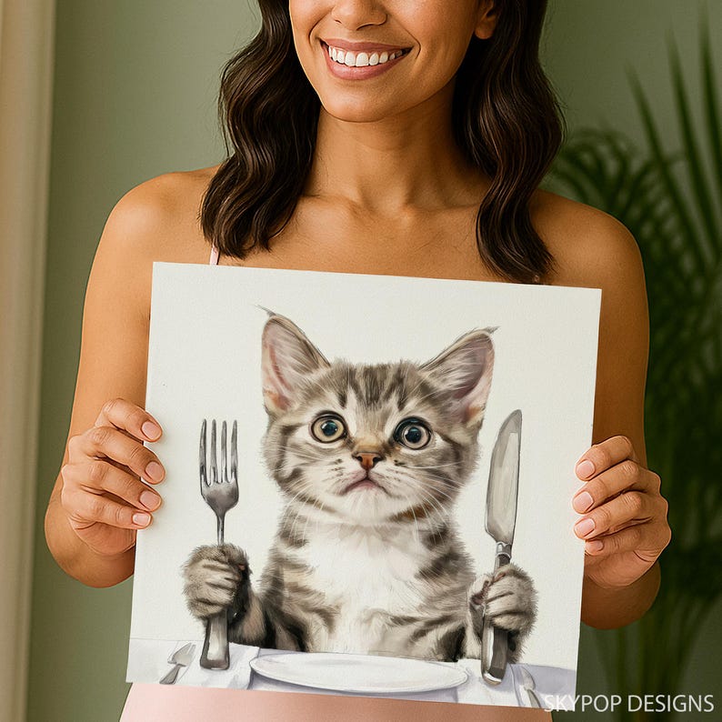 Kitten Dinner Art, Canvas or Poster, Whimsical Modern Decor, Kitchen ...