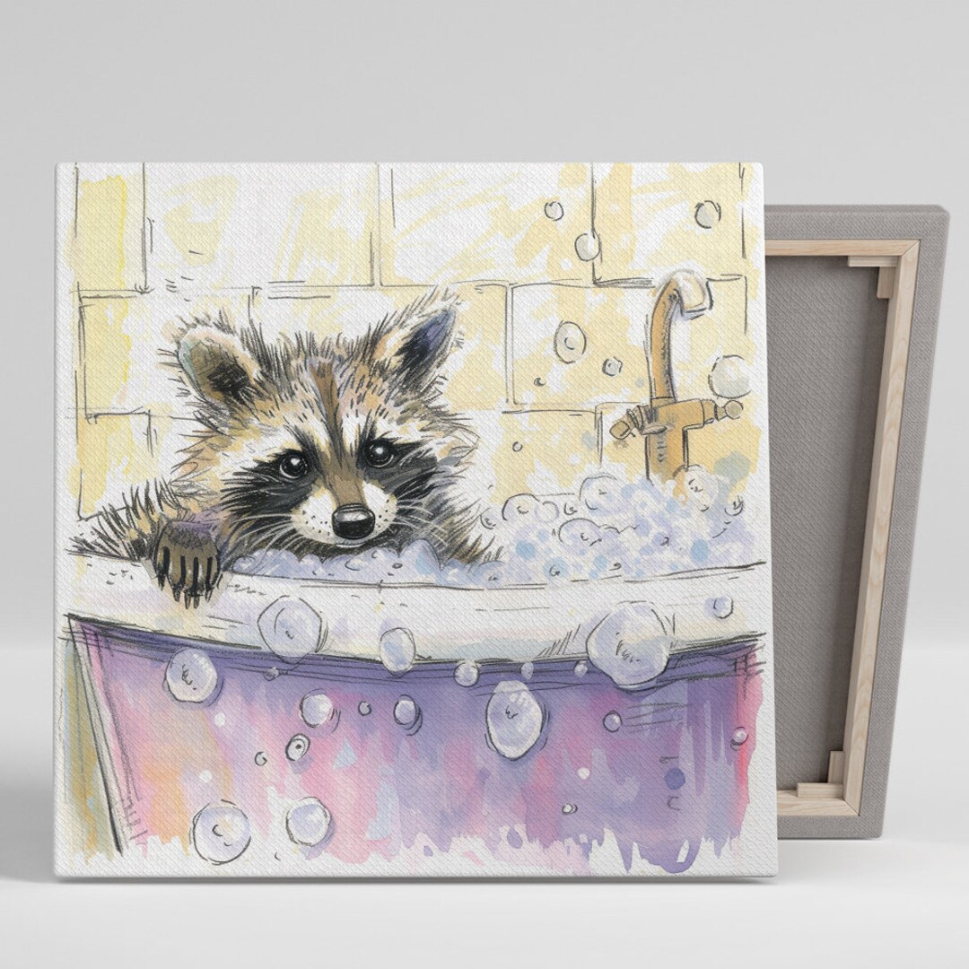 Raccoon Bubble Bath Art, Canvas or Poster, Whimsical Animal Decor ...