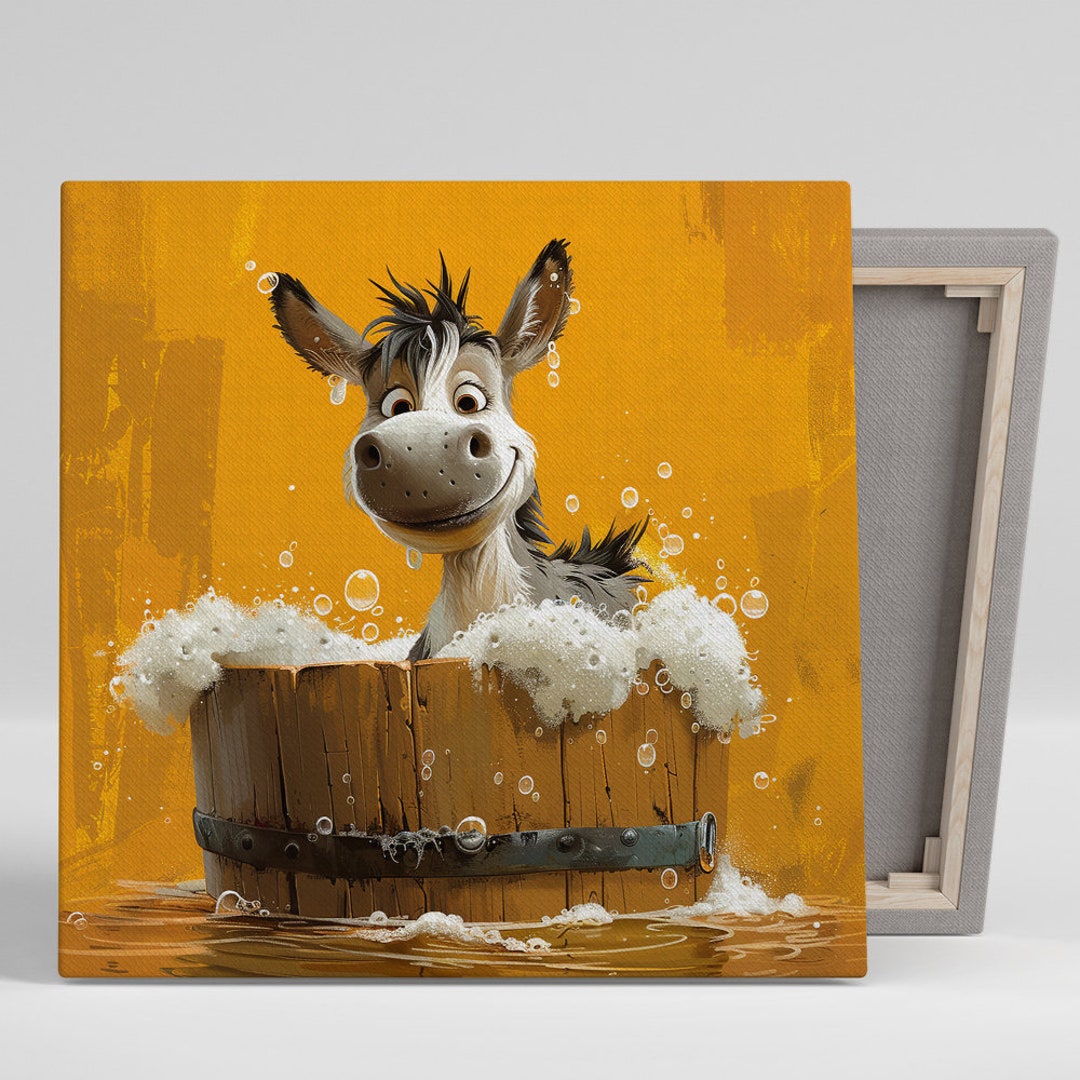 Bubbly Donkey Bath Time Art, Canvas or Poster, Whimsical Animal Decor ...