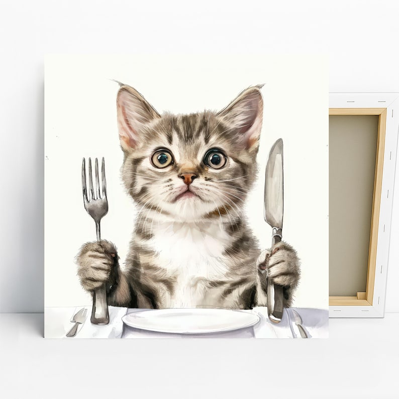 Kitten Dinner Art, Canvas or Poster, Whimsical Modern Decor, Kitchen ...