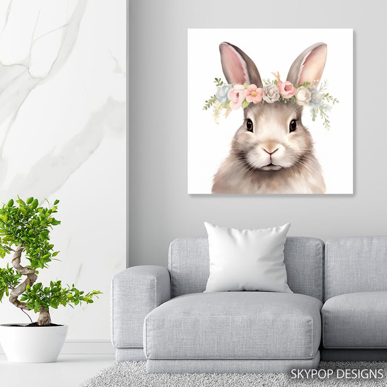 Bunny Spring Floral Crown Art, Canvas or Poster, Whimsical Farmhouse ...